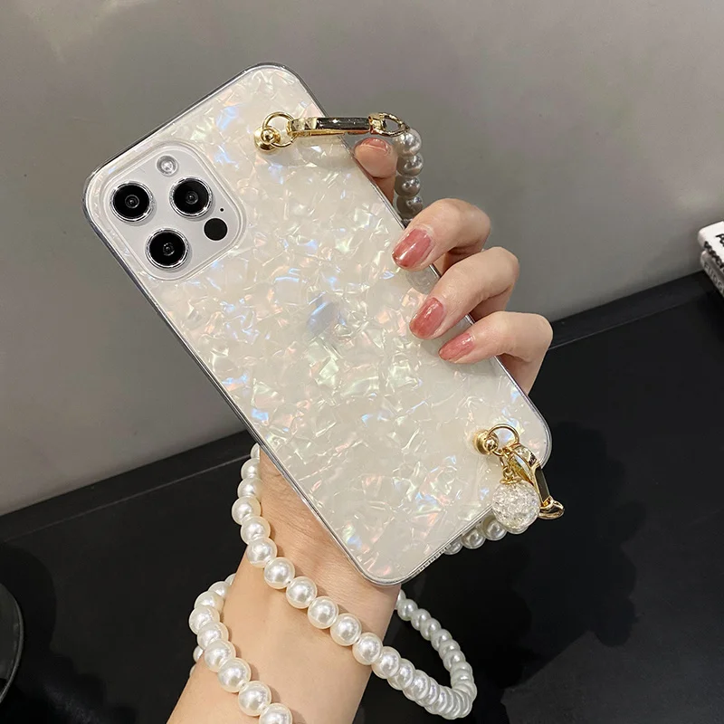 Luxury Colorful Conch Crossbody Case Pearl Chain Lanyard Phone Case For ...