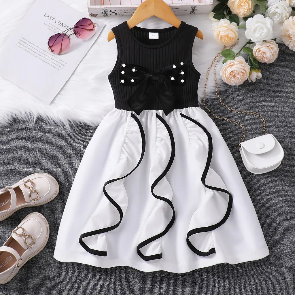 Enfants fille robe élégante été sans manches noir et blanc enfant en ...