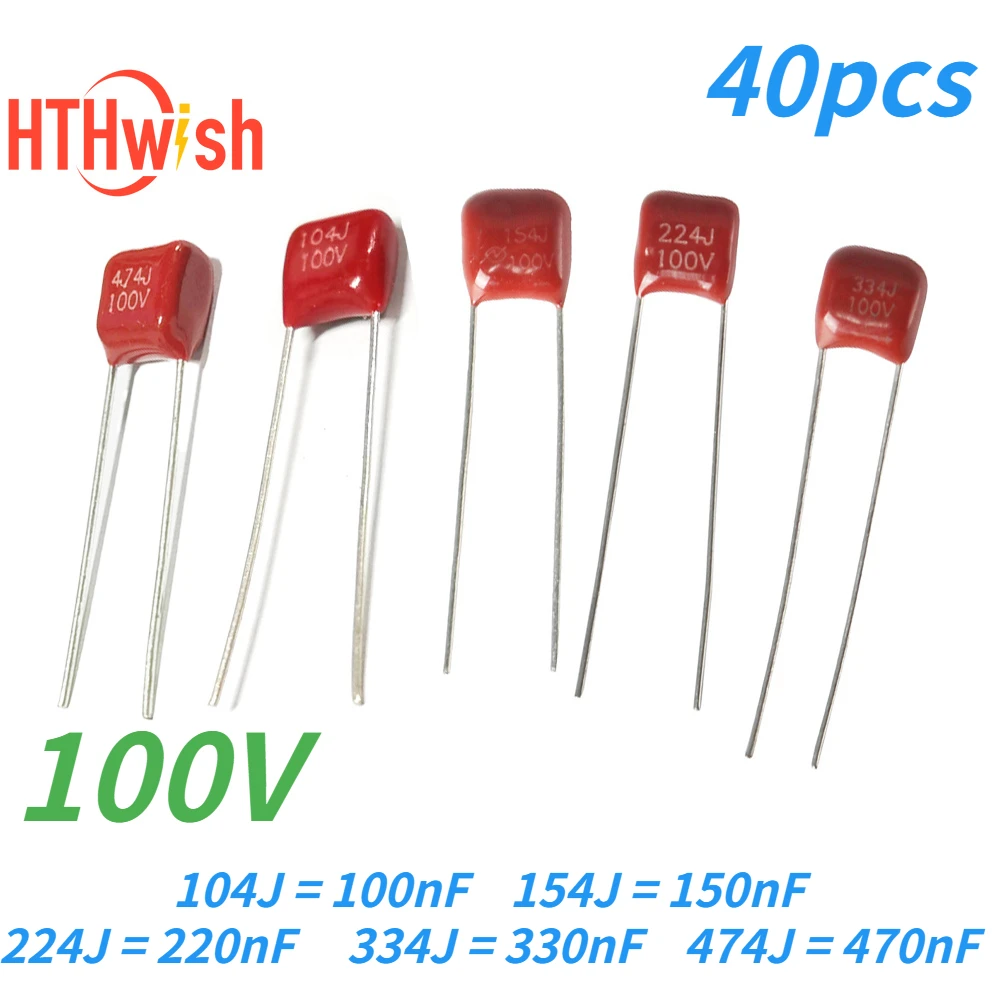 40PCS 100V CBB Capacitor 104J 100nF 154J 150nF 224J 220nF 334J 330nF ...