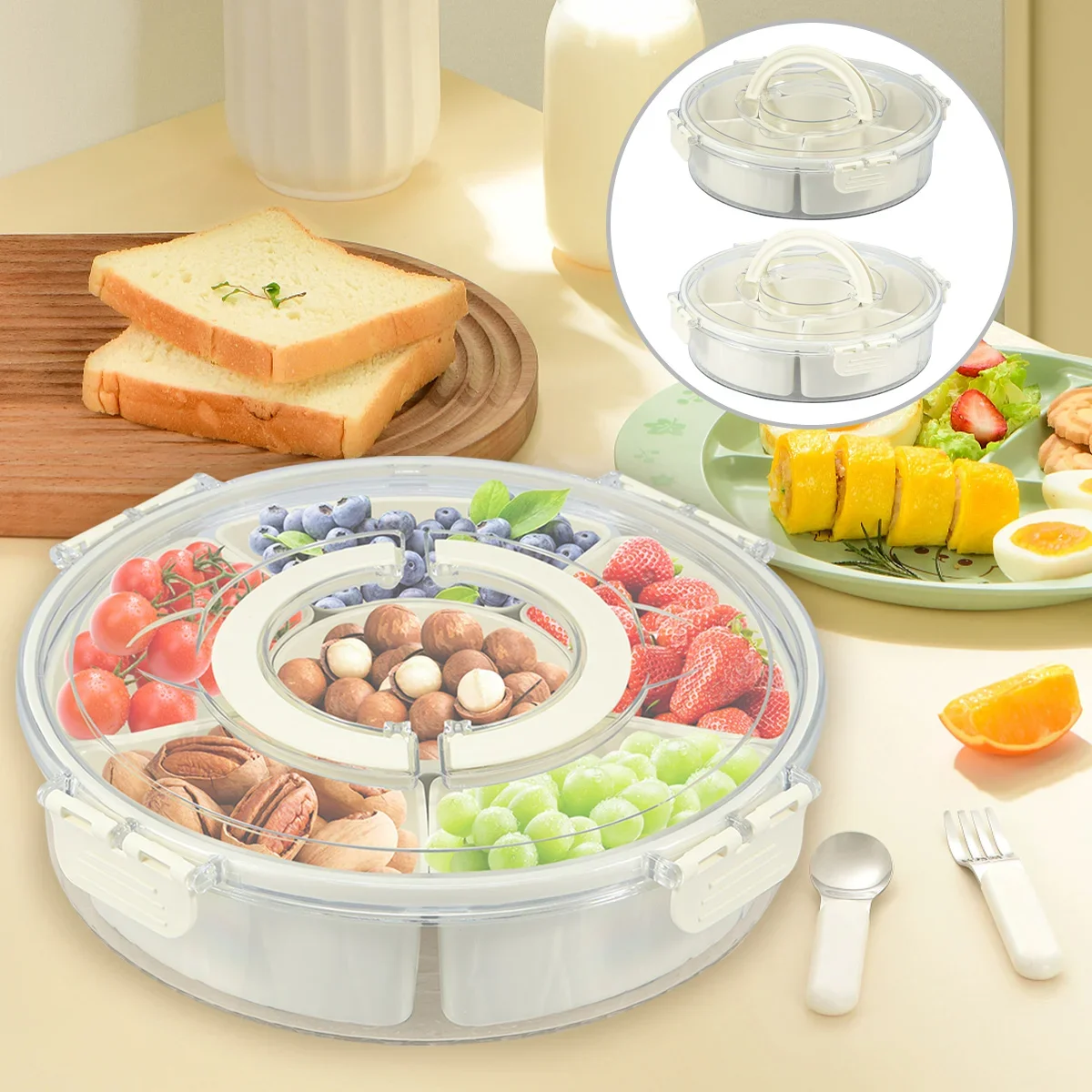 Divided Serving Tray with Lid Handle Large Capacity Snack Rotator Fruit ...