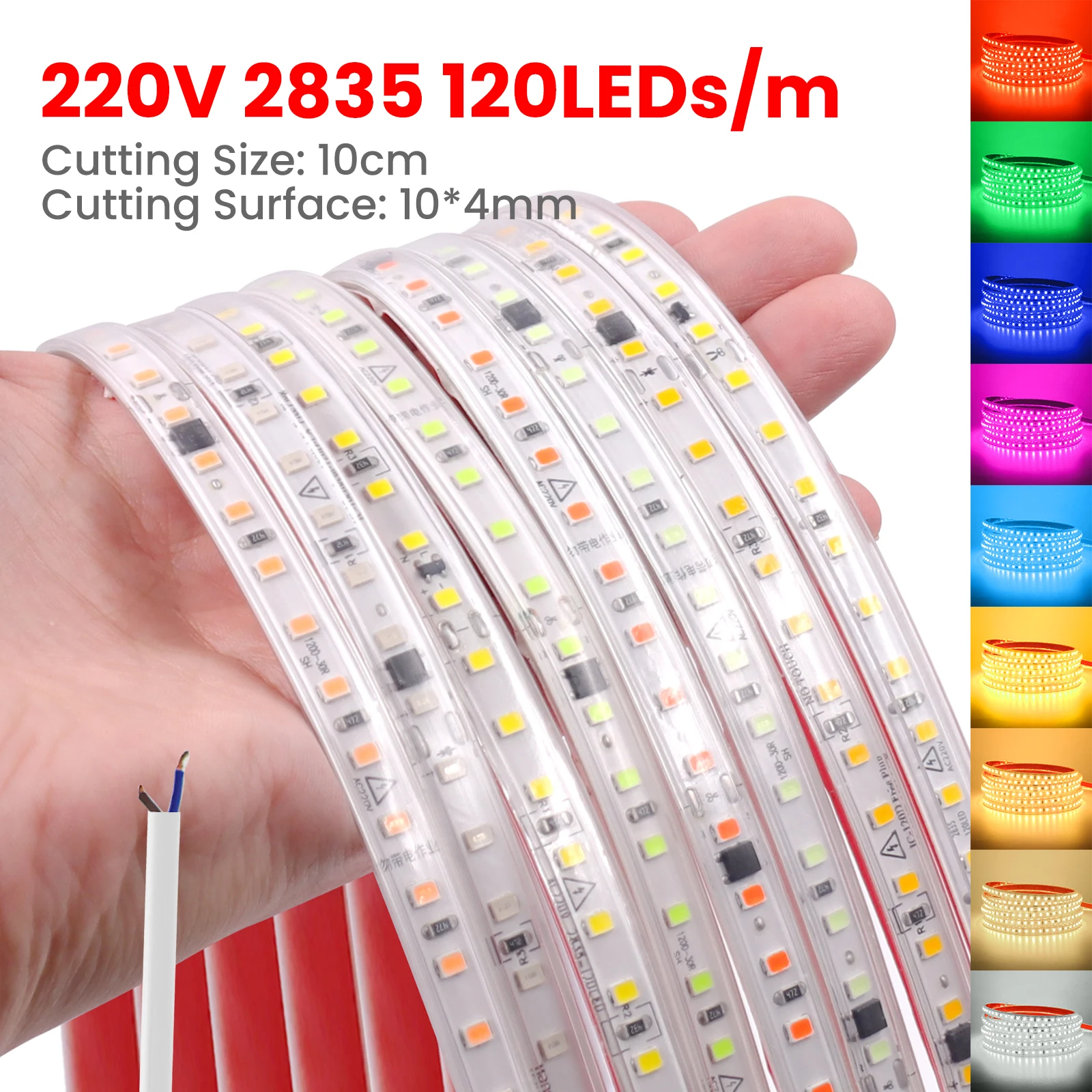 220V 2835 LED Strip Waterproof 120Leds Flexible Ribbon Tape 10cm Cut ...