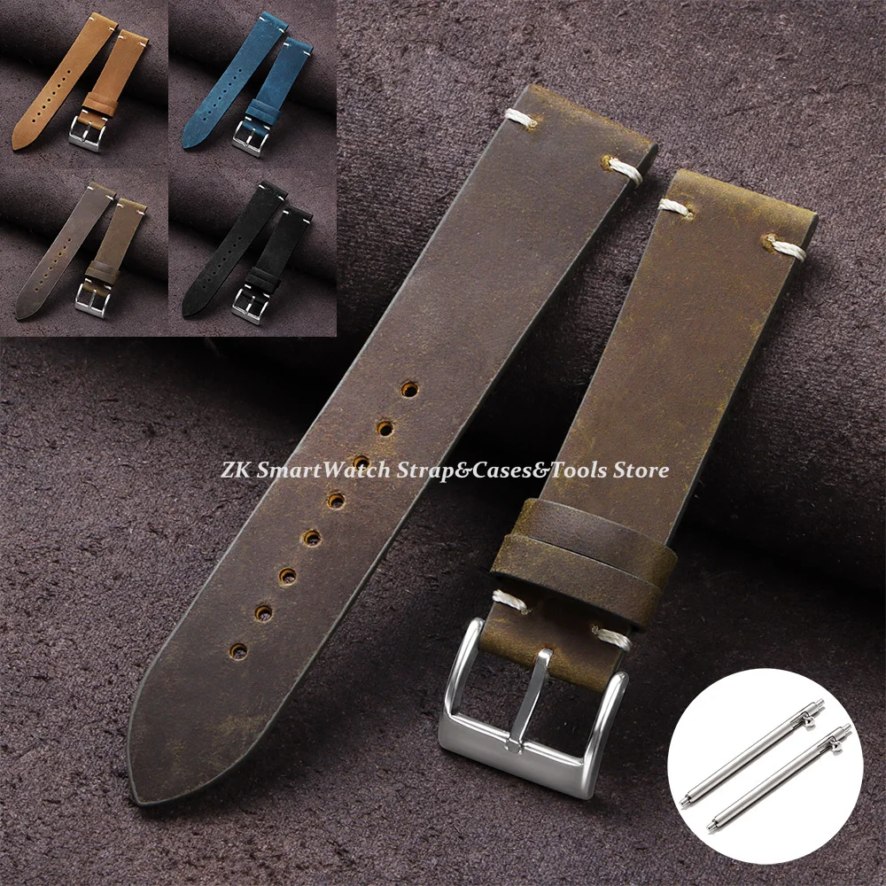 Vintage Oil Wax Leather Watch Band Handmade Stitching Cowhide Strap ...