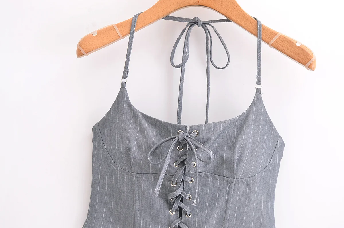 TRAF Striped Print Women Camis 2024 Summer Cross Lace Up Sleeveless ...