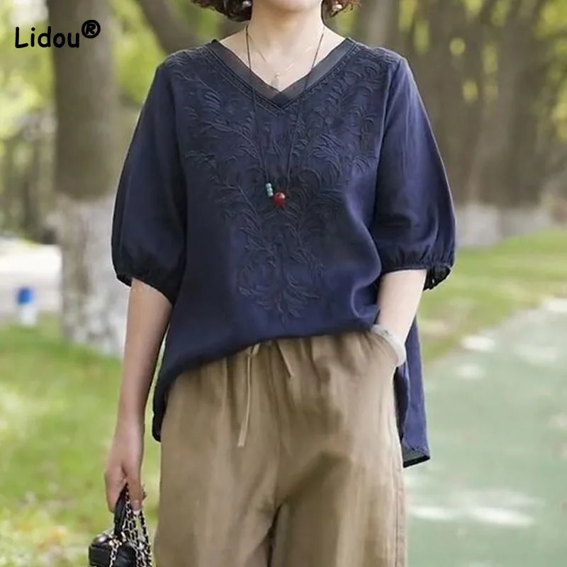 Women's Casual Solid Color Embroidery All-match T-shirt New Simplicity ...