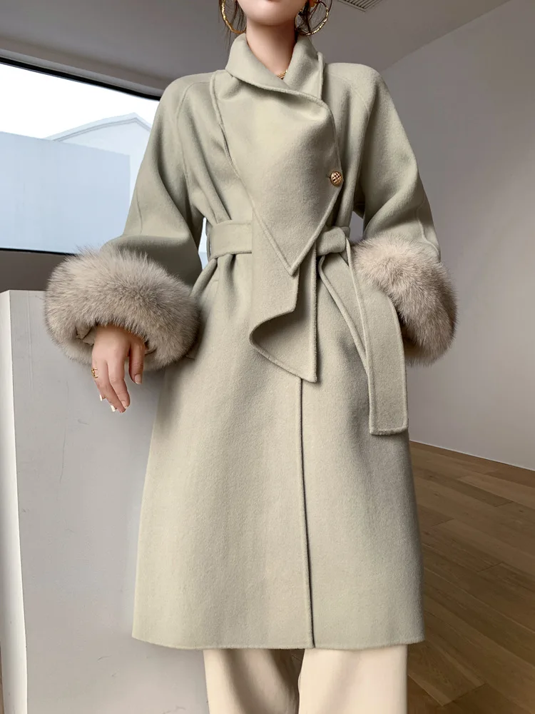 Autumn-Winter-Women-Cashmere-Coat-with-Natural-Fox-Fur-Cuffs-Cashmere ...