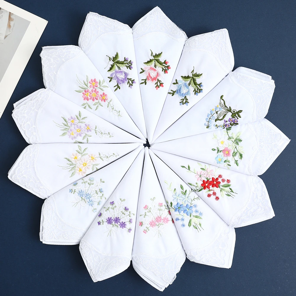 12 Pack of Women's Elegant Lace Embroidered Handkerchiefs, Pure Cotton ...