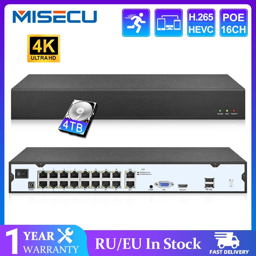 Misecu 16CH 4k Ultra HD 8MP POE NVR Video Recorder H.265 48V IP Camera ...