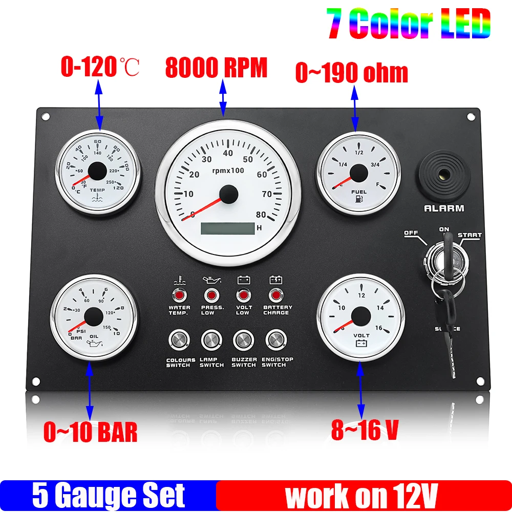 ZMFJH Boat Yacht 5 Gauge Set Instrument Panel 7 Color LED Tachometer ...