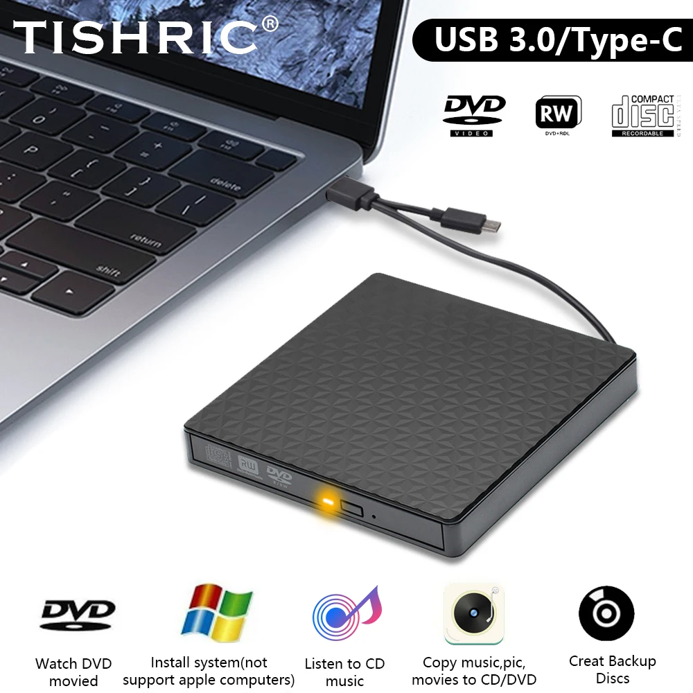 TISHRIC 외장 DVD CD 버너 드라이브 USB 3.0 c형 케이블, CD DVD RW 드라이브 라이터 버너 광학 플레이어 호환 PC 노트북| | - AliExpress