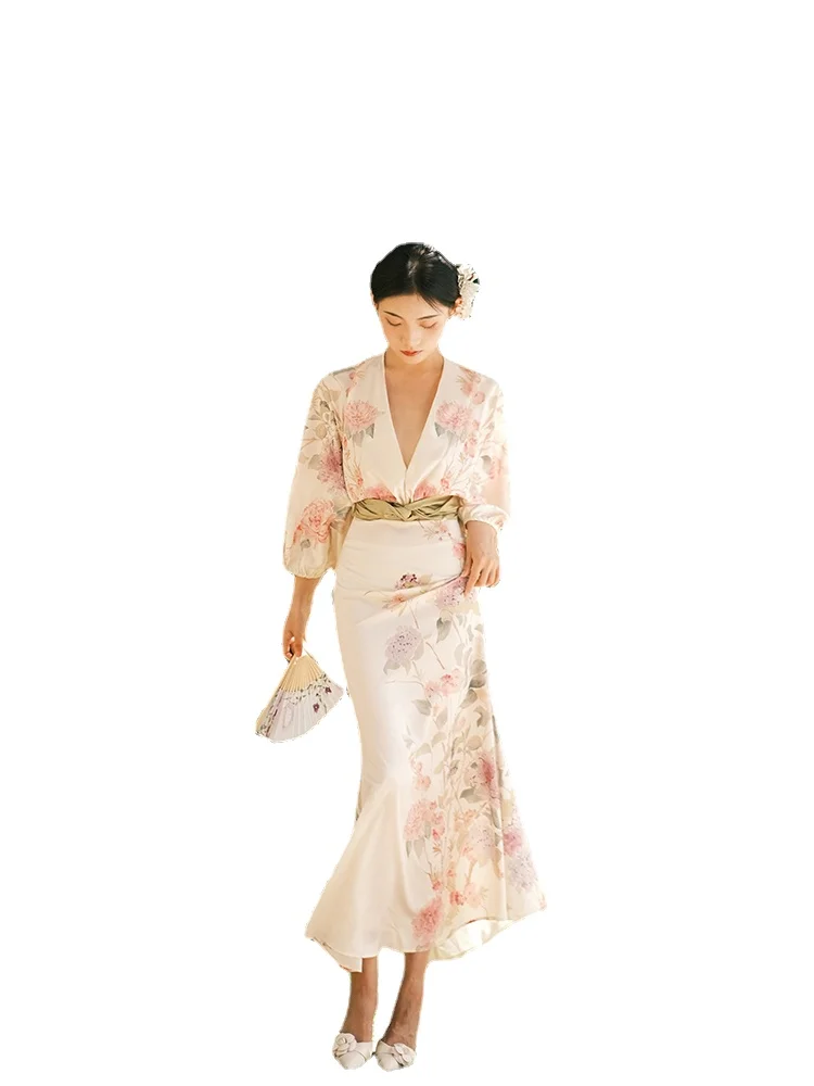 Retro-Light-Luxury-Elegant-High-Grade-Dress-Women-s-Japanese-V-neck ...