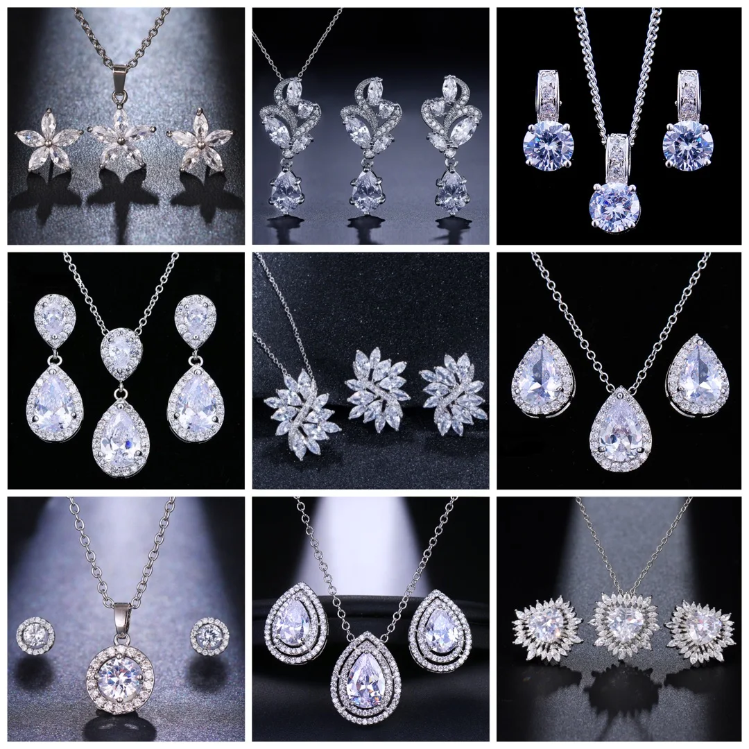 Minimalist-Earring-Necklace-2pc-Set-Zircon-Silver-Color-AMC-Bridal ...