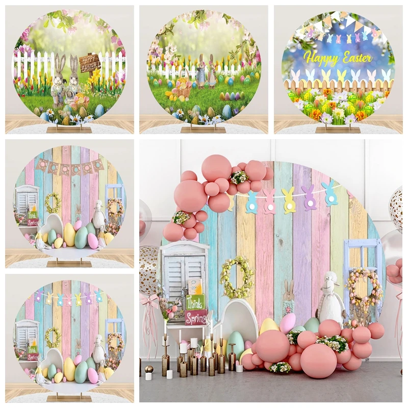 Spring-Easter-Round-Photography-Backdrop-Cover-Garden-Bunny-Colorful ...