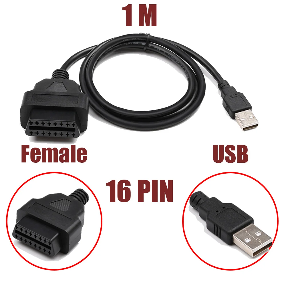 JieYuan 16Pin OBD2 To USB Port Adapter Cable Connector Diagnostic Tool ...