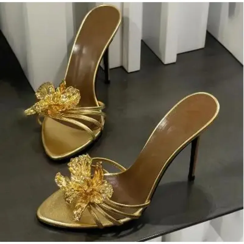 2025 Women Black Gold Genuine Leather Gold Metal Flower Open Toe ...