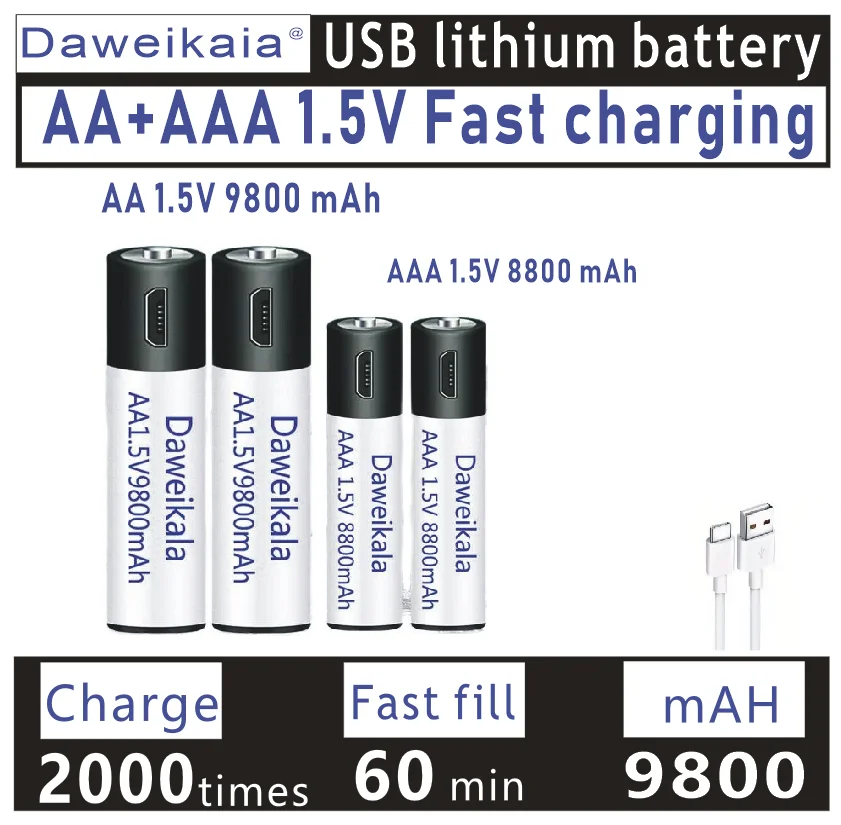 Pilas recargables USB AA + AAA de 1,5 V, pilas AA de 9800mAh/AAA de ...