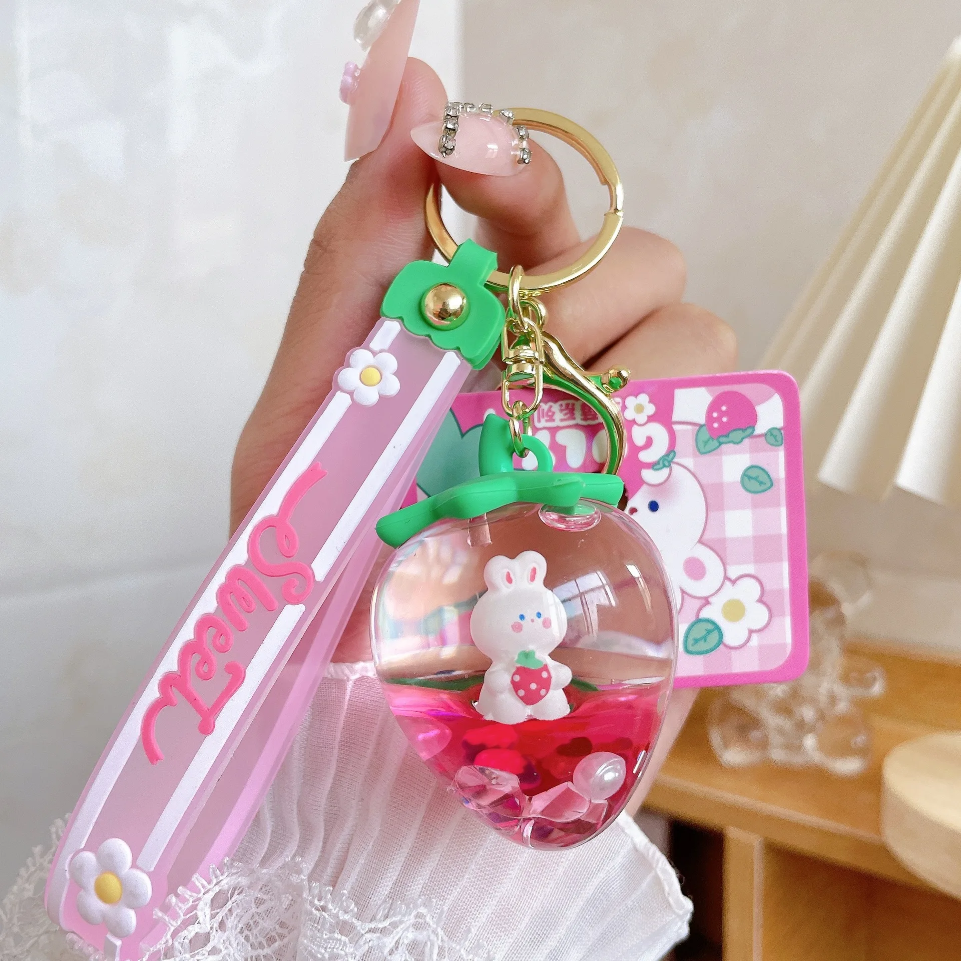 Cartoon-Pink-Strawberry-Acrylic-Keychain-Moving-Liquid-Quicksand-Drift ...