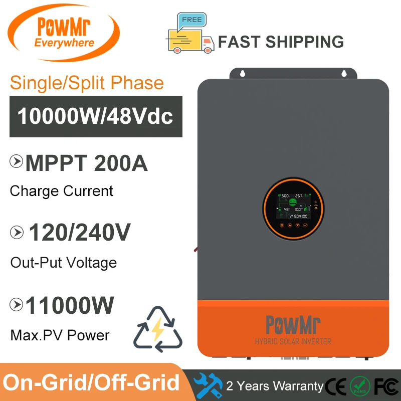 PowMr 10000W Single Split Phase 48V Hybrid Solar Inverter 120/240V AC output 2 MPP Tracker with ...