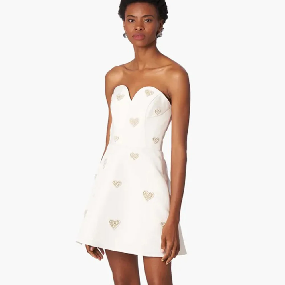 Sweetheart White Satin Dress A-line Mini Women Clothing Crystals Pearls ...