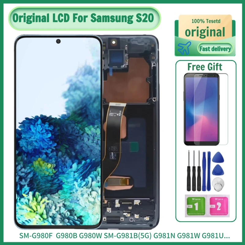 삼성 갤럭시 S20 5G LCD 디스플레이 프레임, G981B G981U G981W 터치 스크린 교체 부품, 100% 오리지널 ...