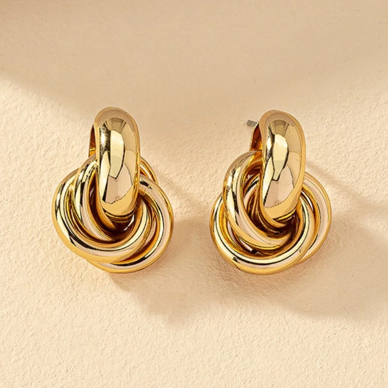 Fashion Round Double Ring Metal Stud Earrings For Women Men Gold Silver ...