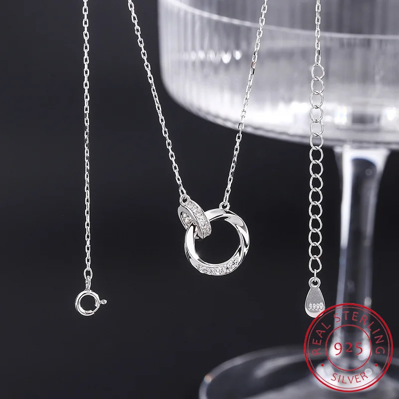Anel duplo colar com diamante s999 prata esterlina colar para mulher moda clavícula corrente luz ...