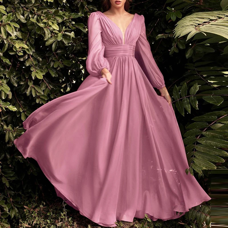 Fashion-Deep-V-High-Waist-Chiffon-Dress-Autumn-Casual-Long-Sleeved ...