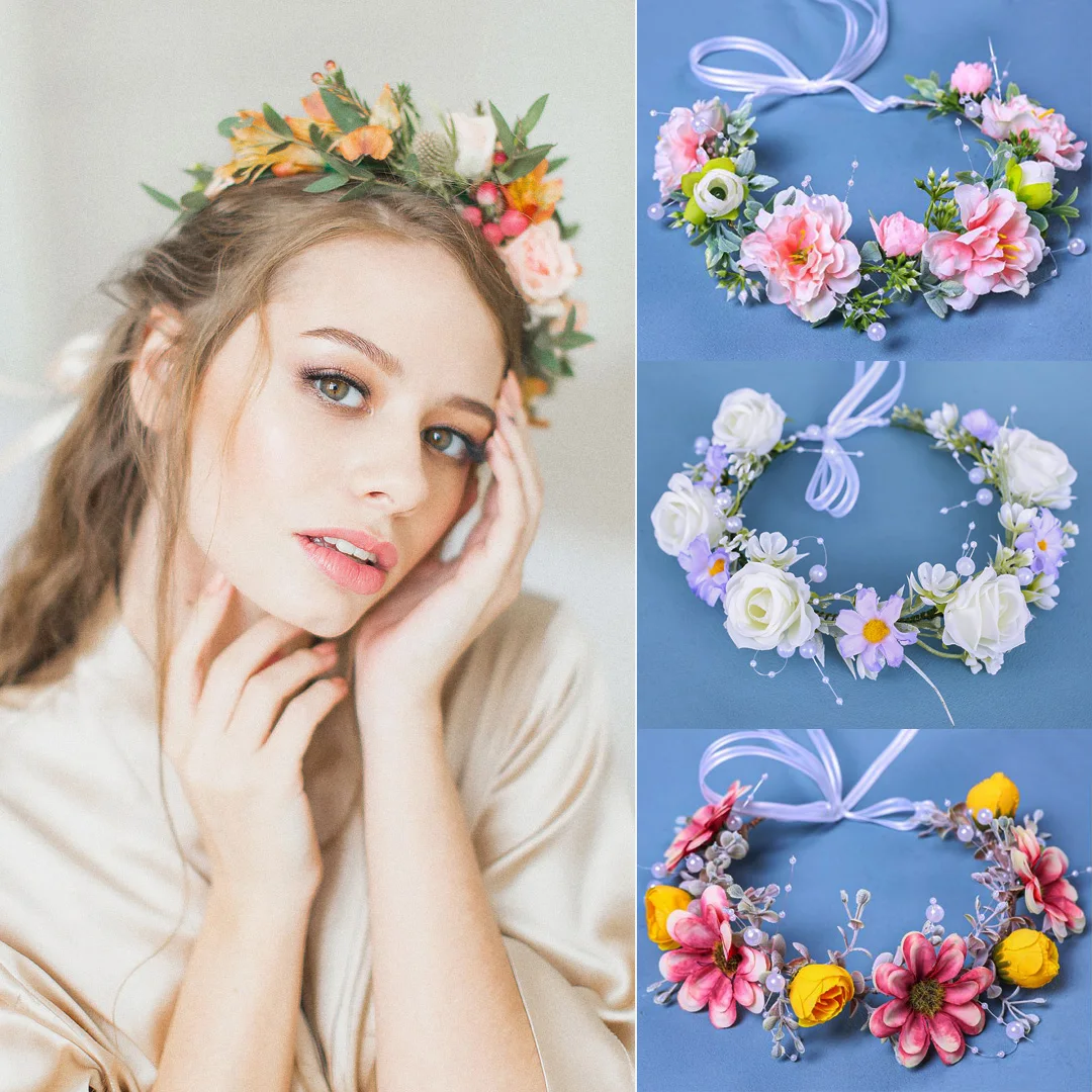Handmade Flower Wreath Bride Women Bohemia Beach Flower Crown Hair Band ...