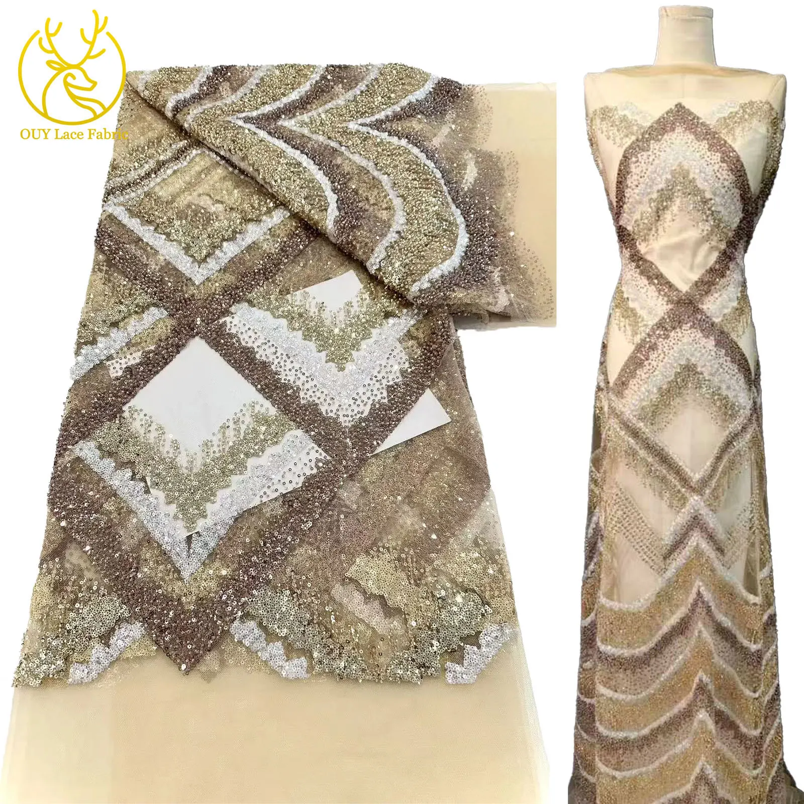 African Tulle Sequins Beaded Lace Fabric High-end French Nigerian ...