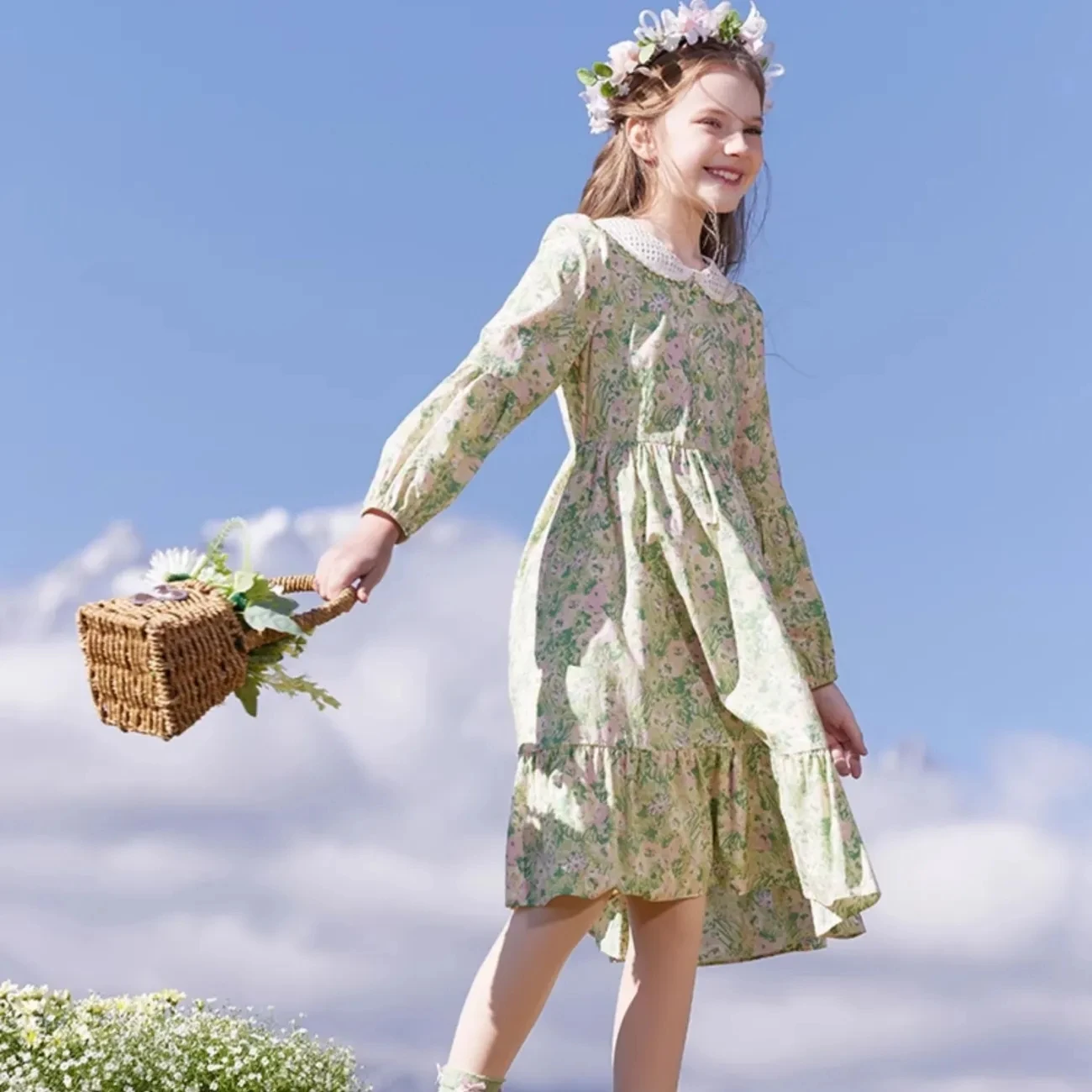 Spring-Kids-Floral-Long-Sleeve-Dresses-for-Girls-Cotton-Peter-Pan ...