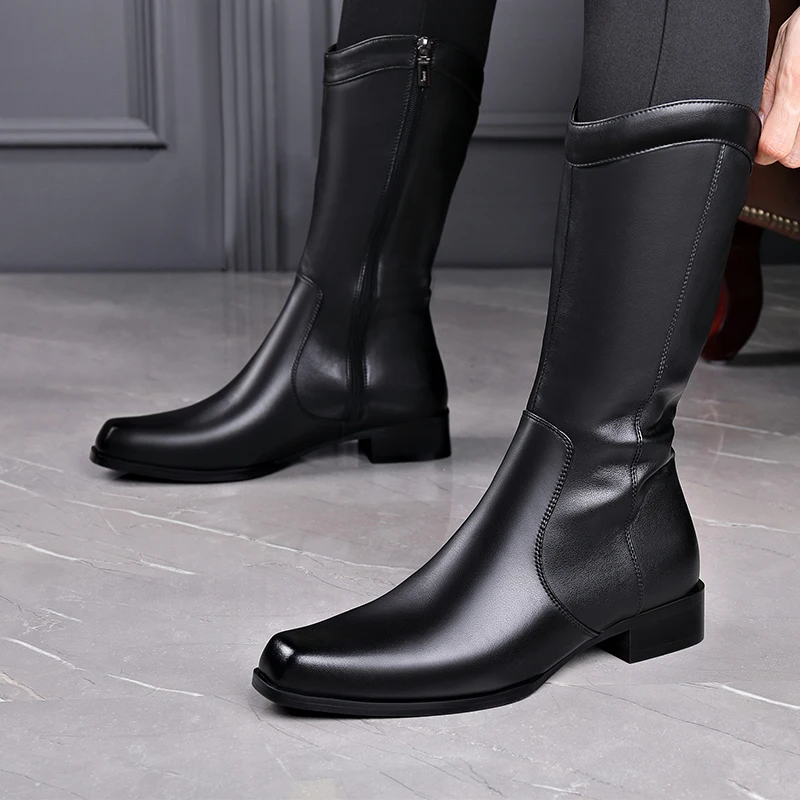 Long Boots Men's Leather Dermis High Plush Riding Denim Boots High Top ...