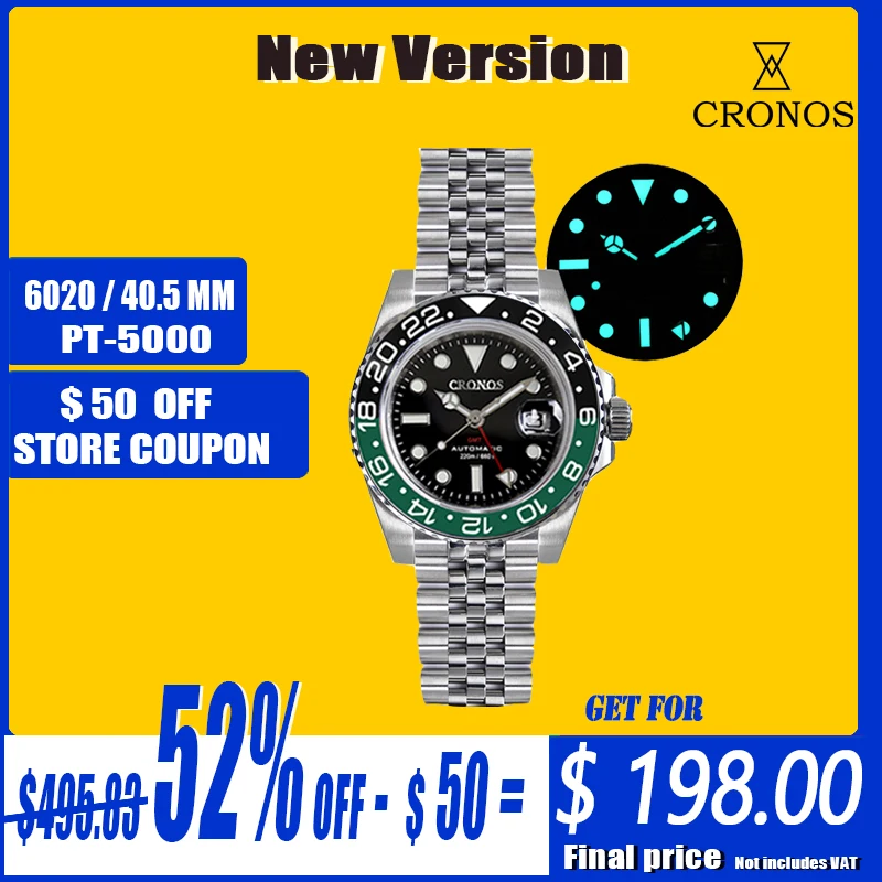 Cronos-GMT-Automatic-Men-Watch-Bidirectional-Bezel-Sapphire-20-ATM-NH34 ...