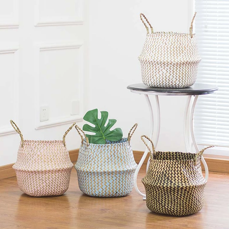 Folding Seaweed Flower Plant Pot Clothing Storage Basket Garden Wicker ...