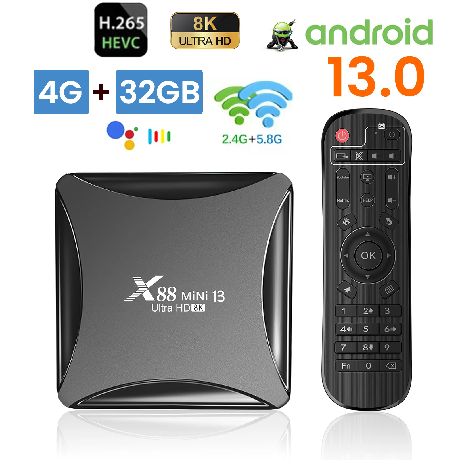 X88 MINI 13 Smart TV Set Top Box, Android 13, 8K HD, 2.4G, 5G, saída de vídeo de banda dupla ...