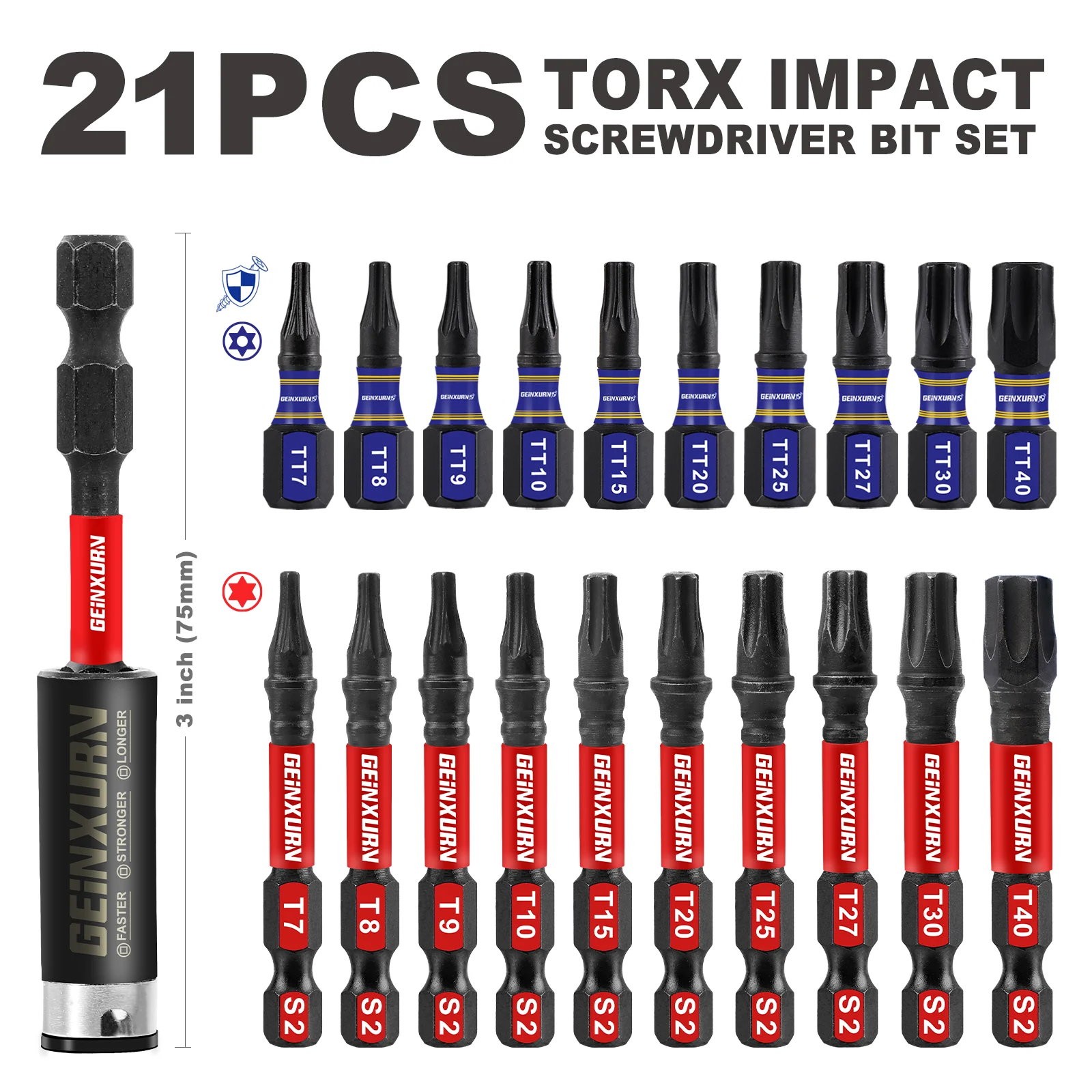 Geinxurn-T7-T40-Security-Torx-Screwdriver-Bit-Set-Impact-Tough-Magnetic ...