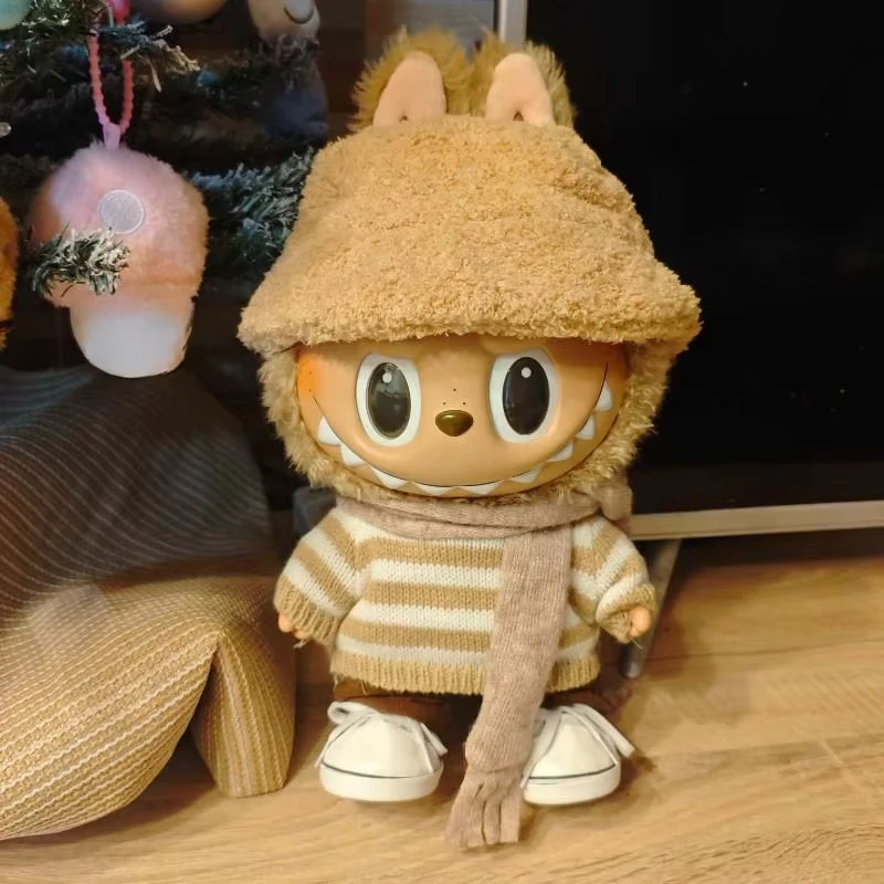 For 38cm Labubu doll clothes for vinyl doll coffee white striped ...