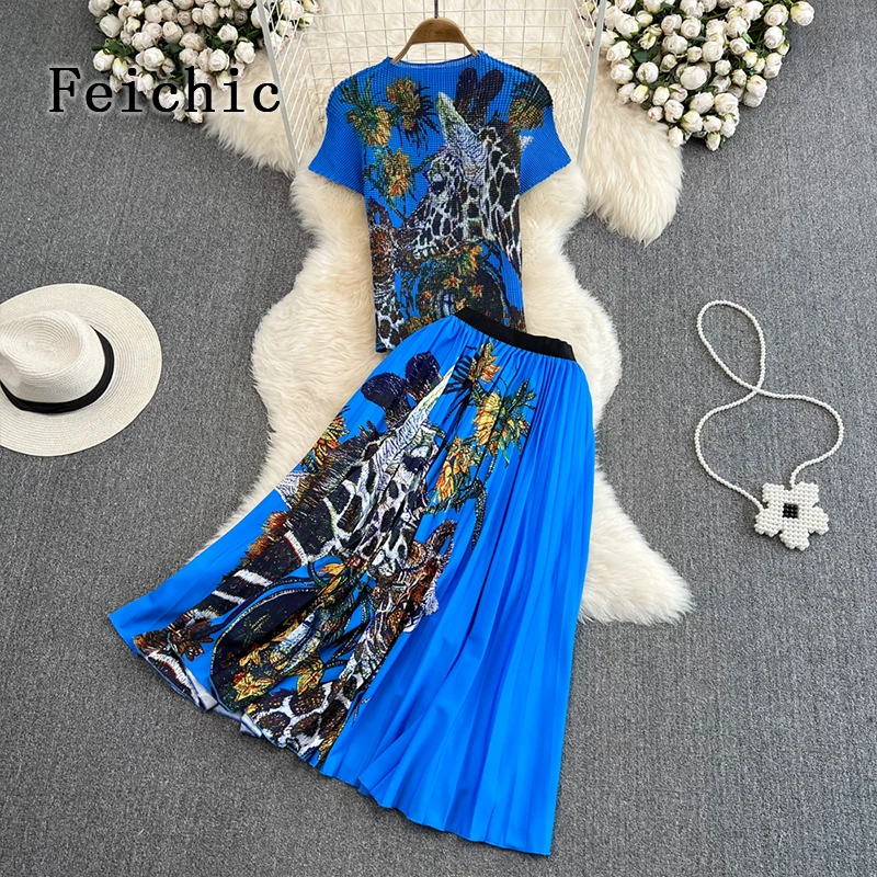 Runway Two Piece Skirt Suit Women Stretchy Pullover Tops + Midi Pleated ...