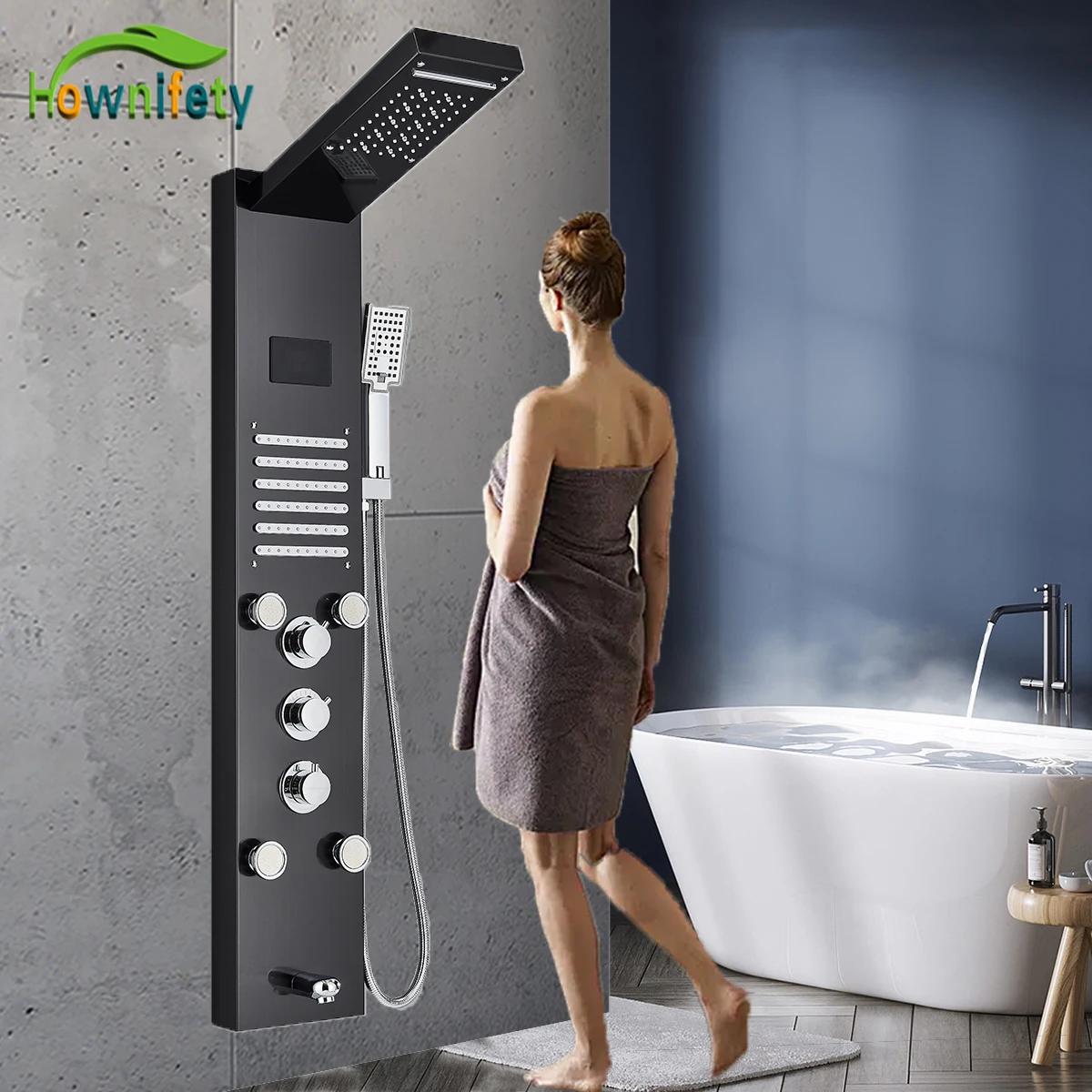 Panneau-de-douche-LED-de-luxe-bross-noir-syst-mes-de-robinet-de-centre ...