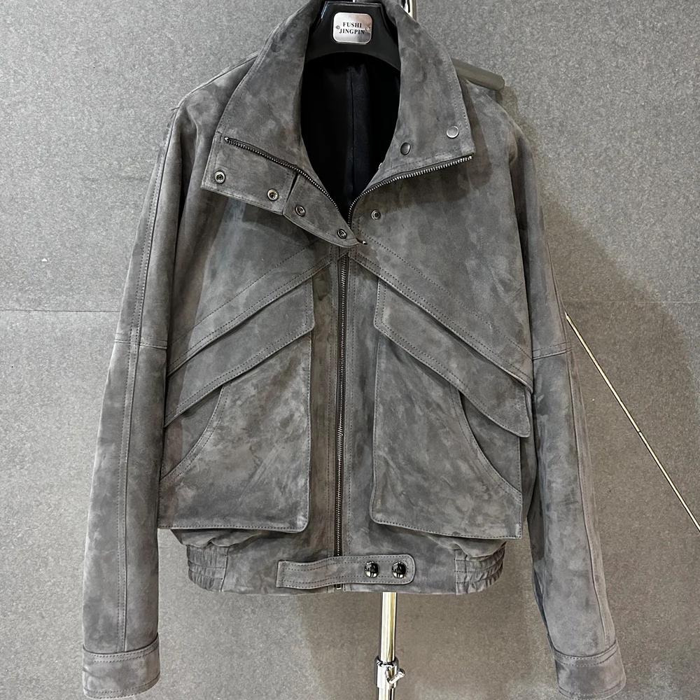 Grey Suede Leather Jacket Women Oversized Real Sheepskin Leather Coat ...