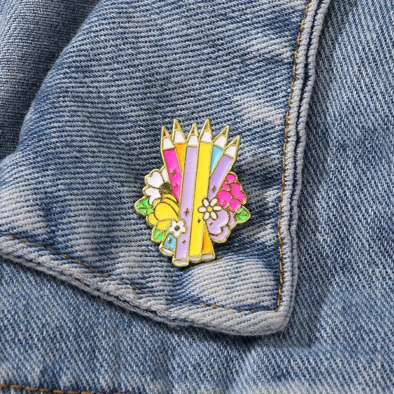 Cartoon-Flowers-Colored-Pencil-Enamel-Brooch-Art-Drawing-Daisies-Tulip ...