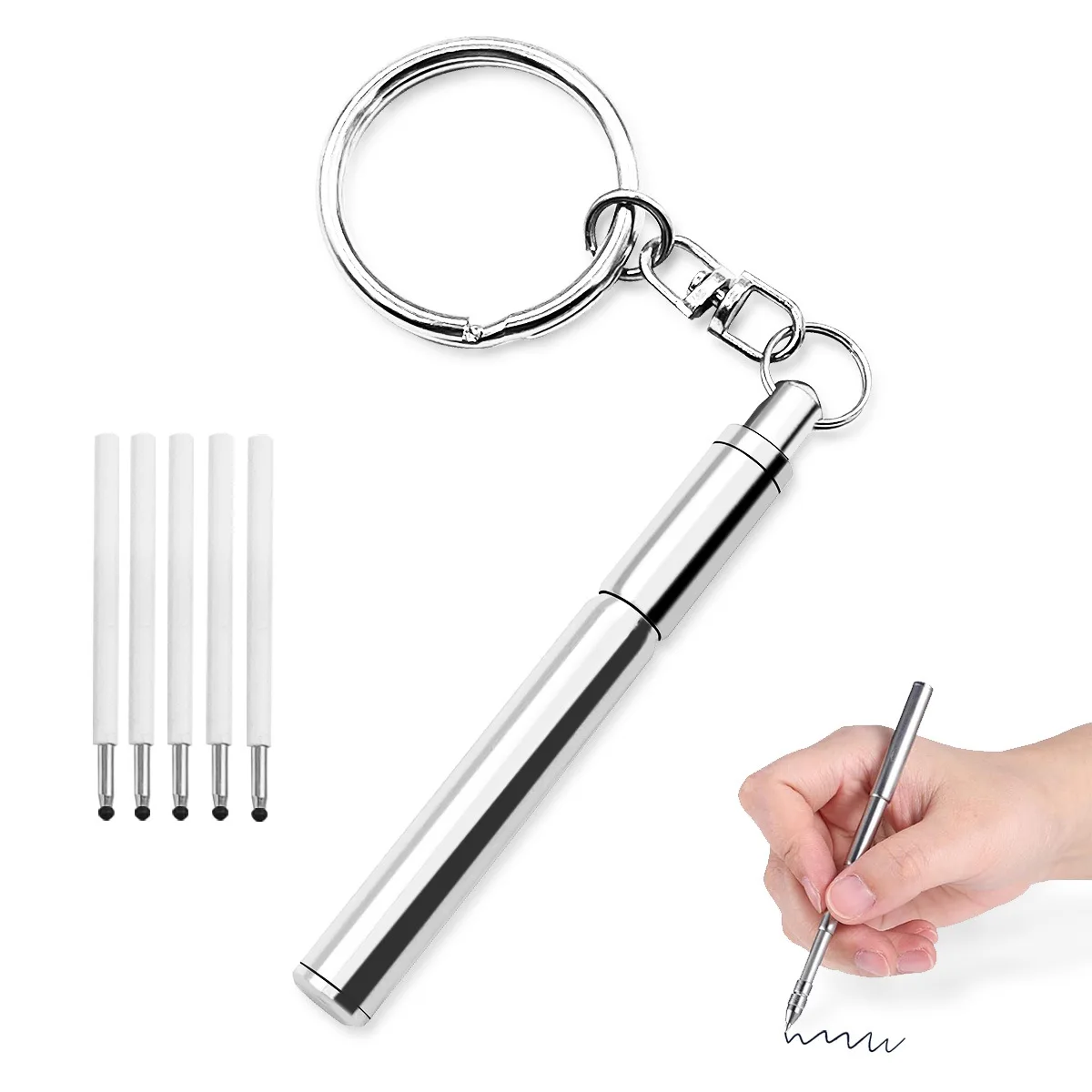 Portable 6.3cm Telescopic Ballpoint Pen with Metal Keychain Stainless ...