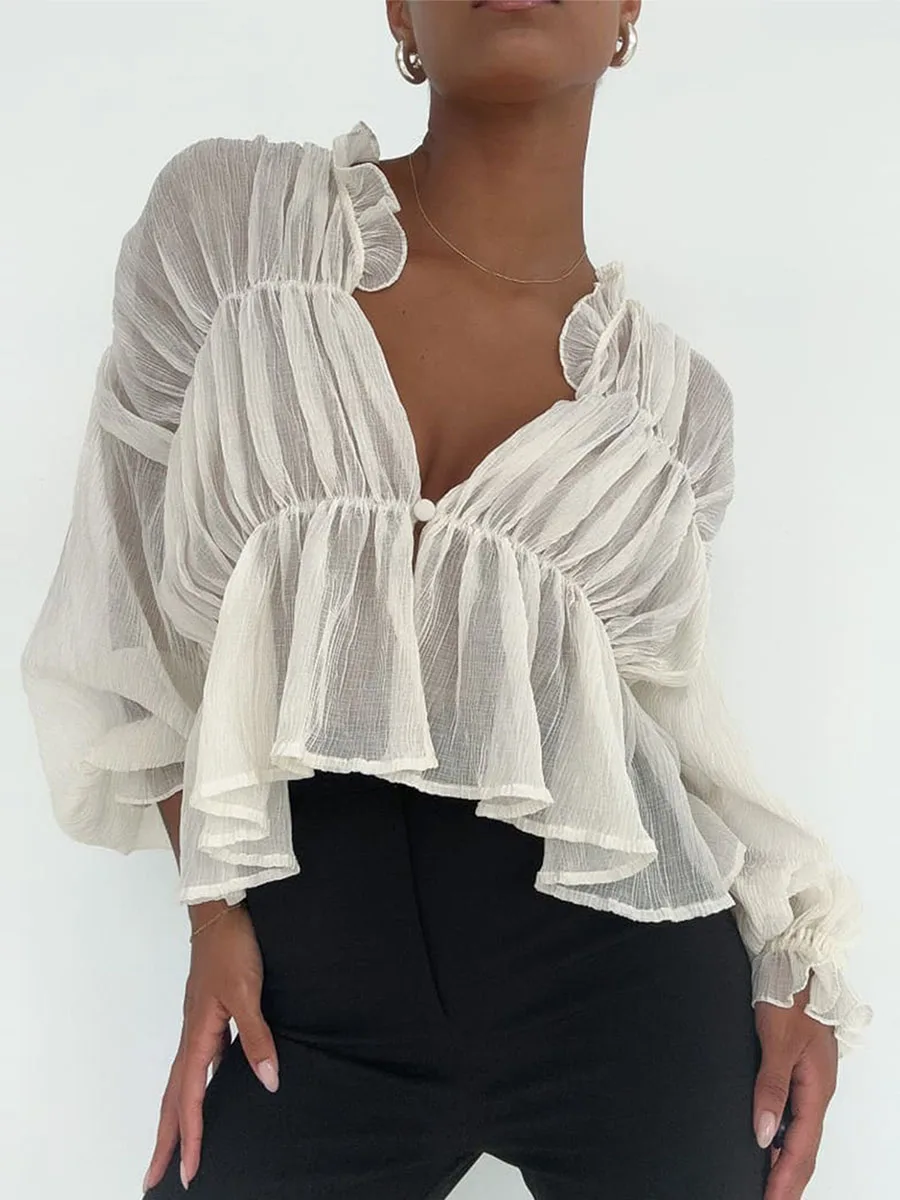 Women-s-Spring-Summer-Sheer-Tops-Long-Sleeve-V-Neck-Solid-Color-Ruched ...