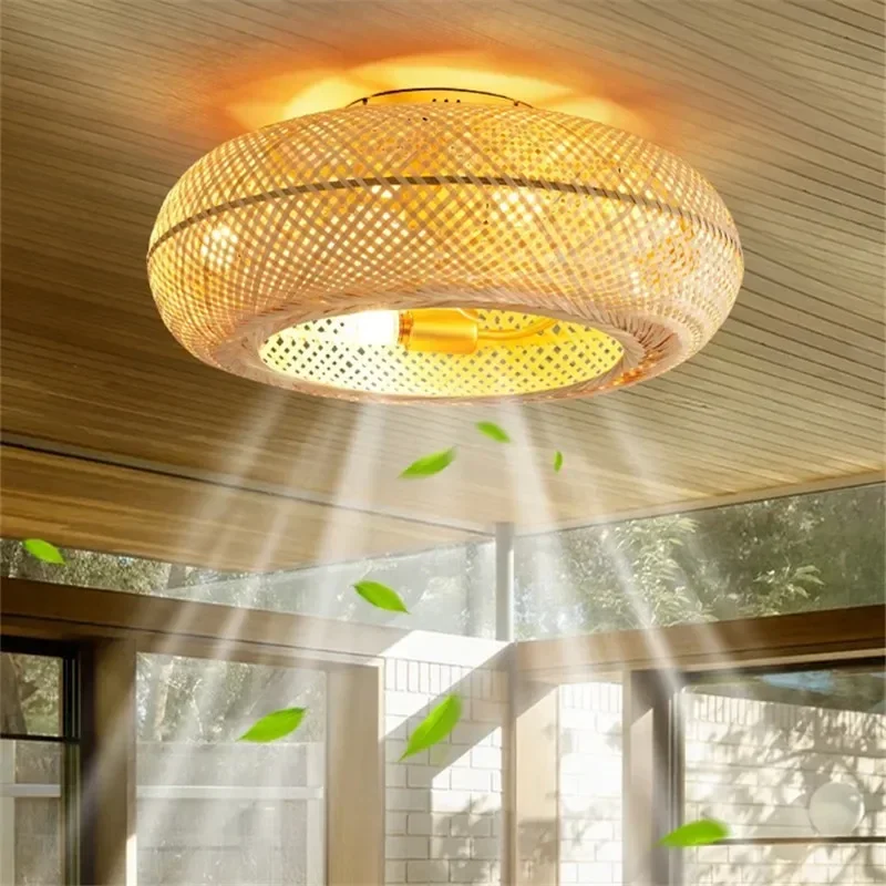 Wabi-Sabi Bamboo Rattan Bohemian Ceiling Fan with Light Retro Handmade ...