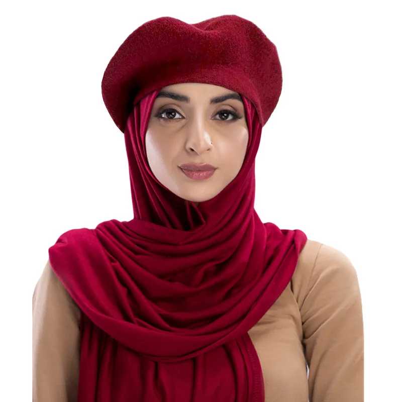 New Autumn Winter Muslim Women Beret With Scarf Shawl One Piece ...