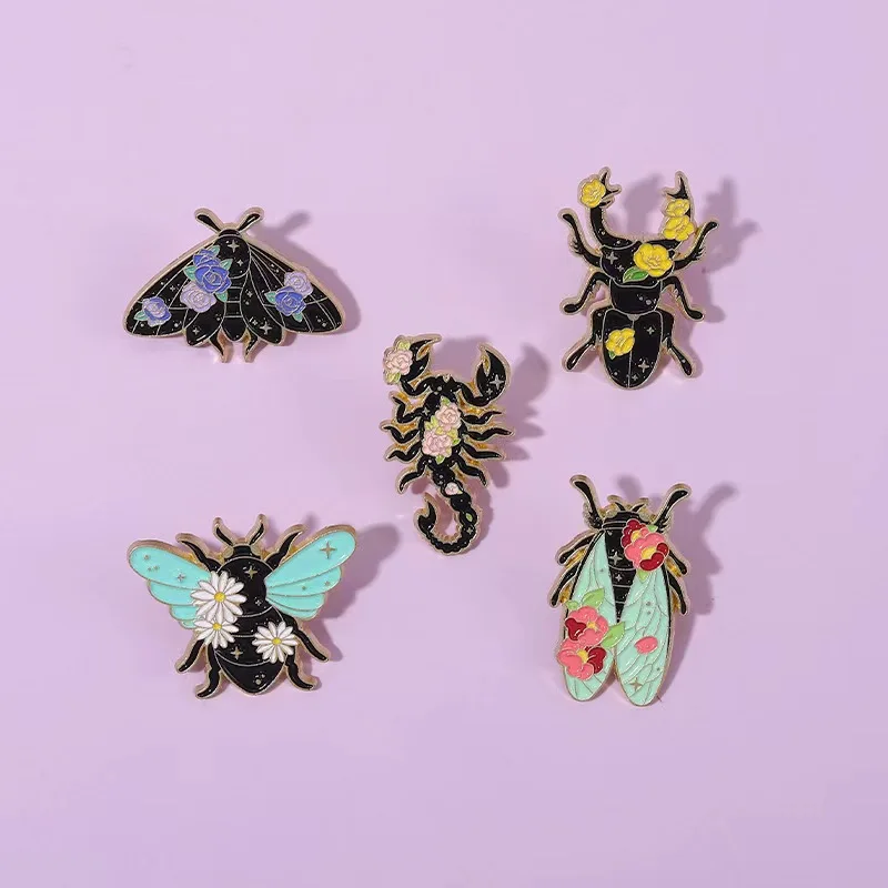 Cartoon-Insects-Moth-Enamel-Pins-Floral-Rose-Daisy-Cicada-Scorpion ...