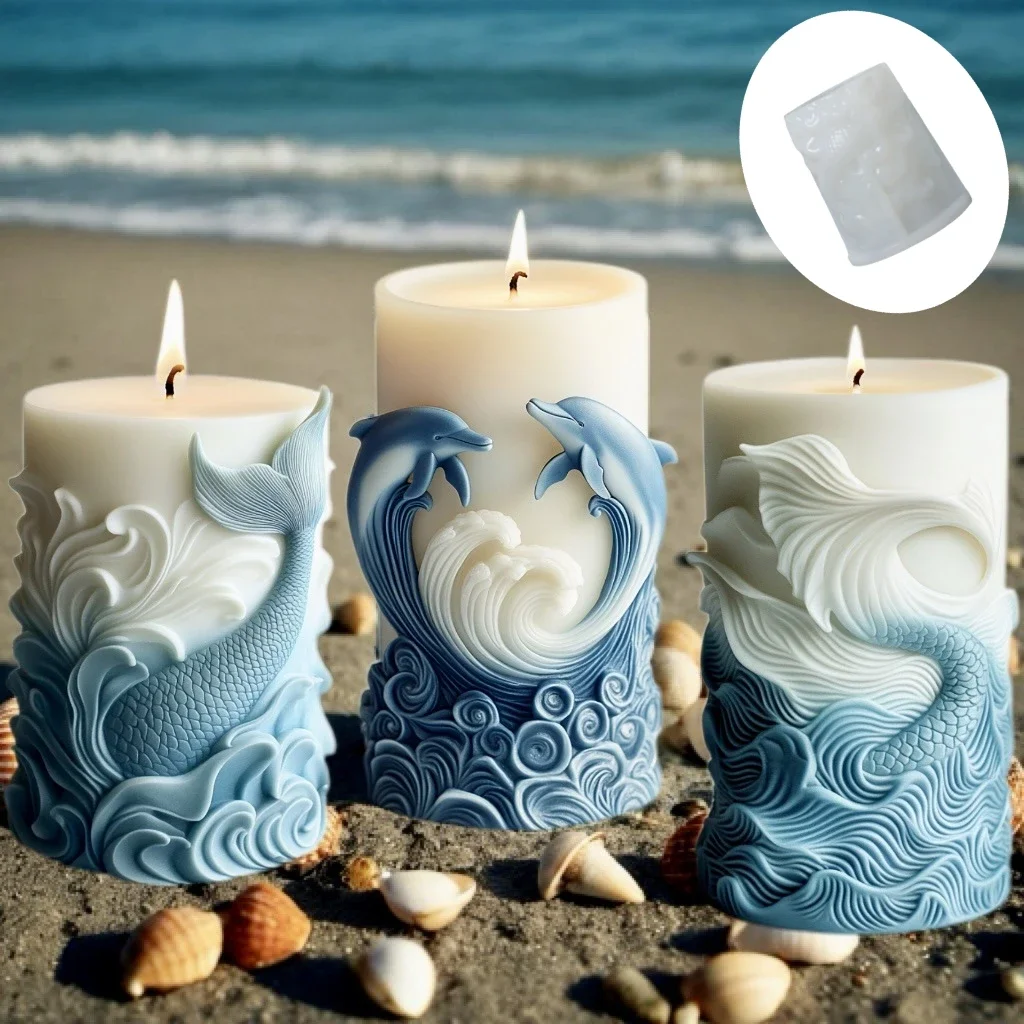 DIY ocean wave foam cylindrical candle silicone mold whale dolphin ...