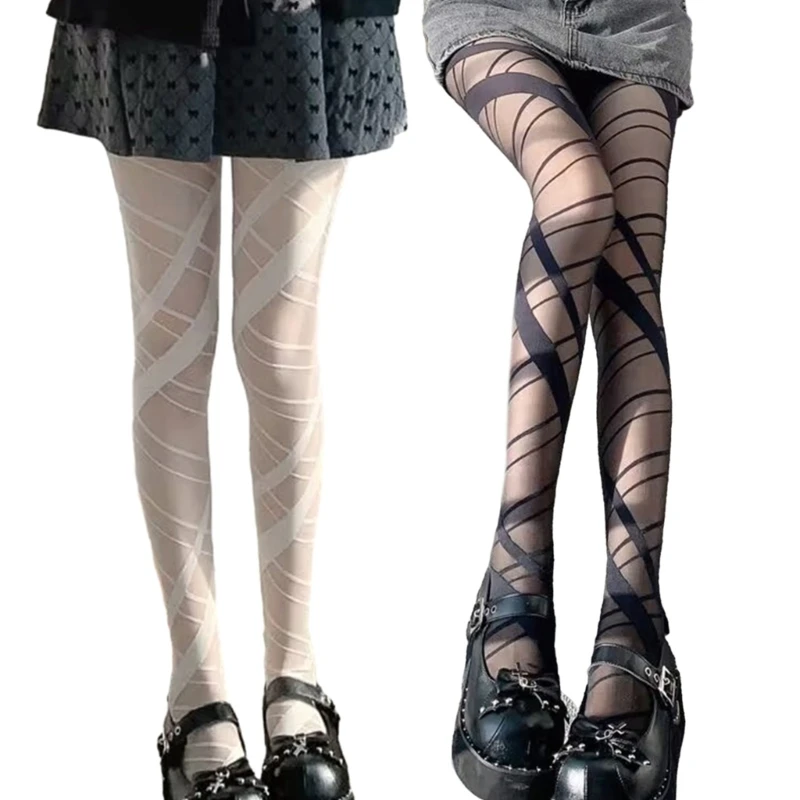 Women-Irregular-Line-Straps-Pattern-Slimming-Tights-Harajuku-Crossed ...