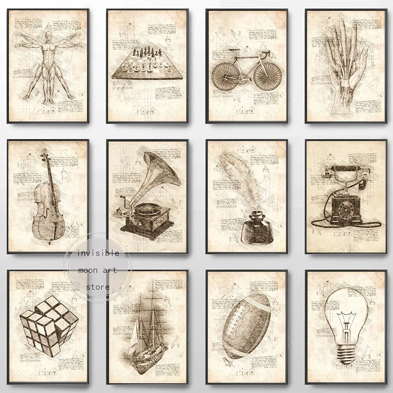 Vintage Da Vinci Inspired Sketches Human Skeleton Cello Guitar Art ...