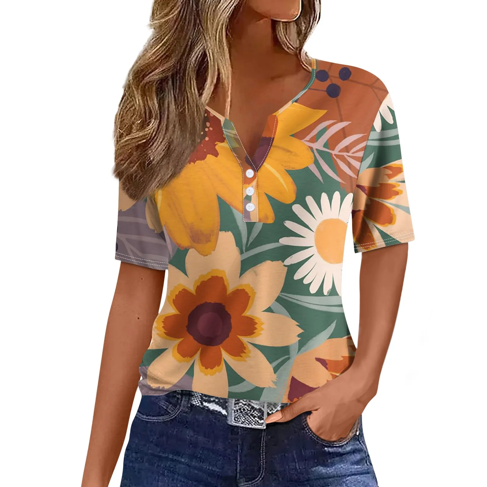 Female-T-Shirt-Sunflower-Printed-Decorative-Button-Up-Short-Sleeve ...