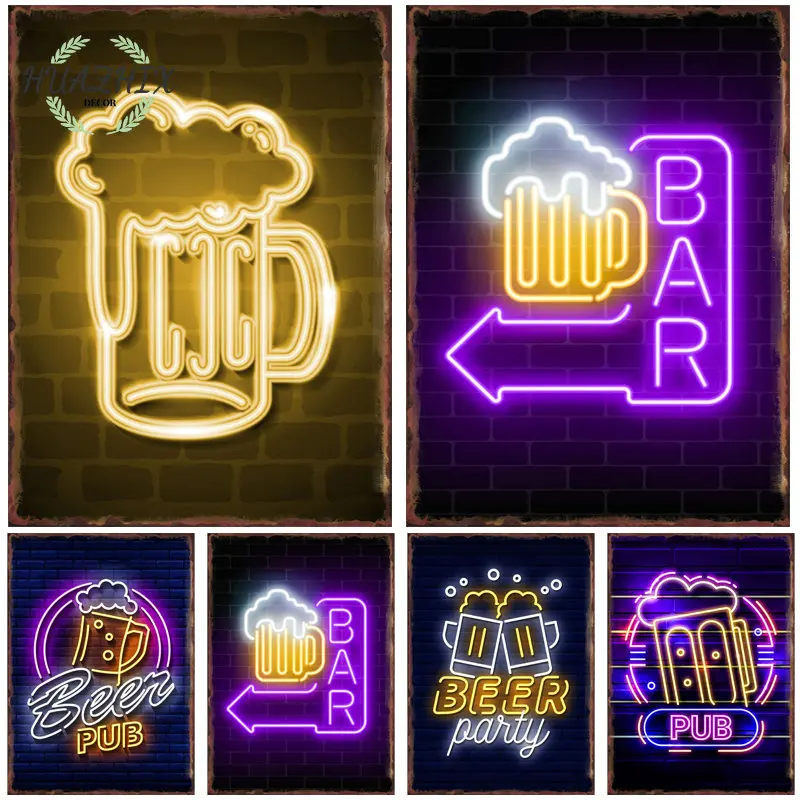 네온 맥주 바 금속 주석 사인 포스터 술집 해피 아워 파티 음주 그림 아트 벽 장식 미적 장식 포스터 포스터 실내 디자인 접시 벽의 포스터 벽의 포스터 디스크 네온