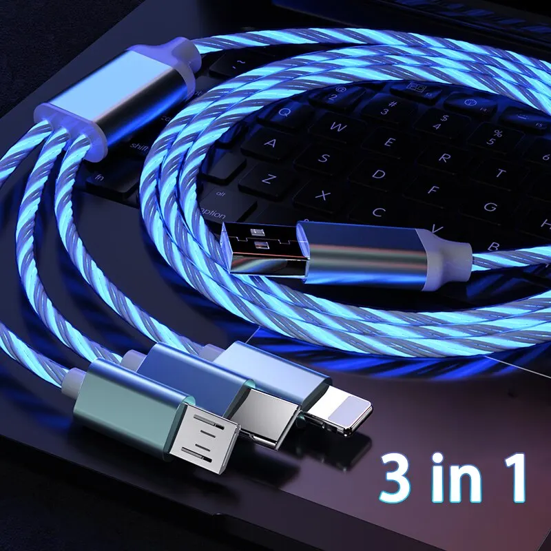 Cabo Brilhante Led Luz Micro Usb Tipo C Cabo 3a Carregamento Rápido Para Samsung Iphone Xiaomi ...